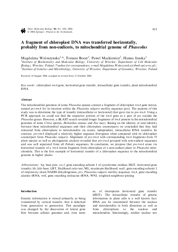 (PDF) A fragment of chloroplast DNA was transferred horizontally ...