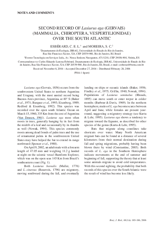 (PDF) Second record of Lasiurus ega (Gervais) (Mammalia, Chiroptera ...