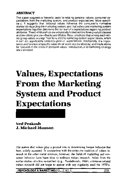 (PDF) Values, expectations from the marketing system and product ...