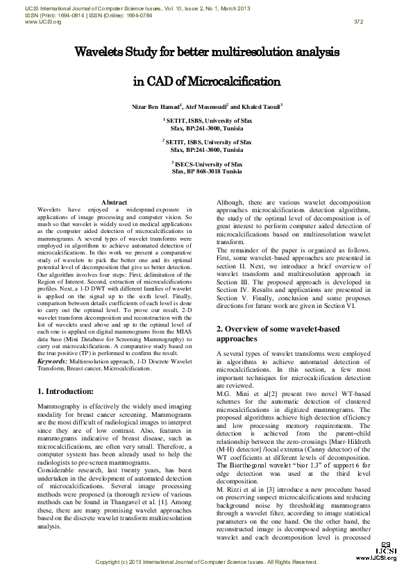 (PDF) Wavelets Study for better multiresolution analysis in CAD of Microcalcification