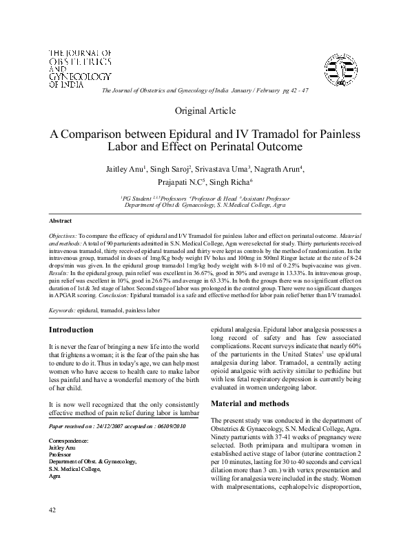 (PDF) A comparison between epidural and IV tramadol for painless labor ...