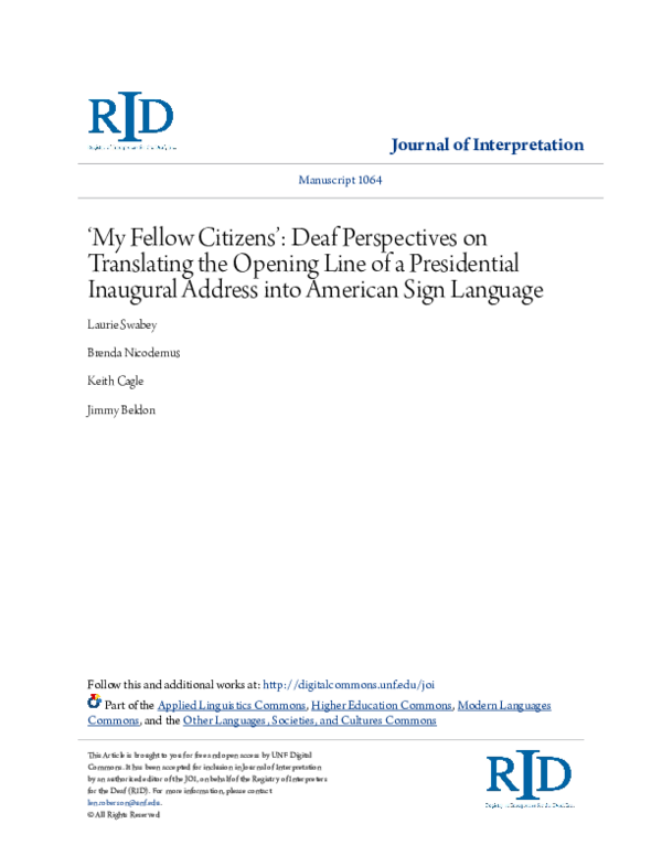 (PDF) Journal of Interpretation 'My Fellow Citizens': Deaf Perspectives ...