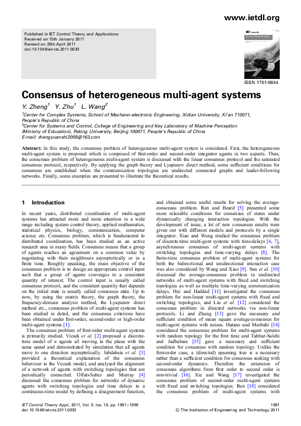 (PDF) Consensus of heterogeneous multi-agent systems without velocity measurements