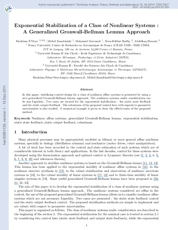(PDF) Exponential stabilization of a class of nonlinear systems: A generalized Gronwall–Bellman ...