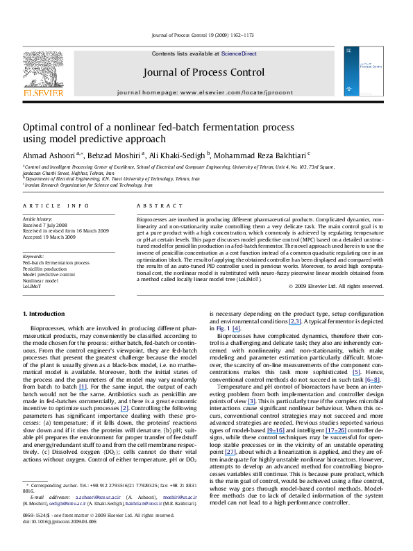 (PDF) Optimal control of a nonlinear fed-batch fermentation process using model predictive approach