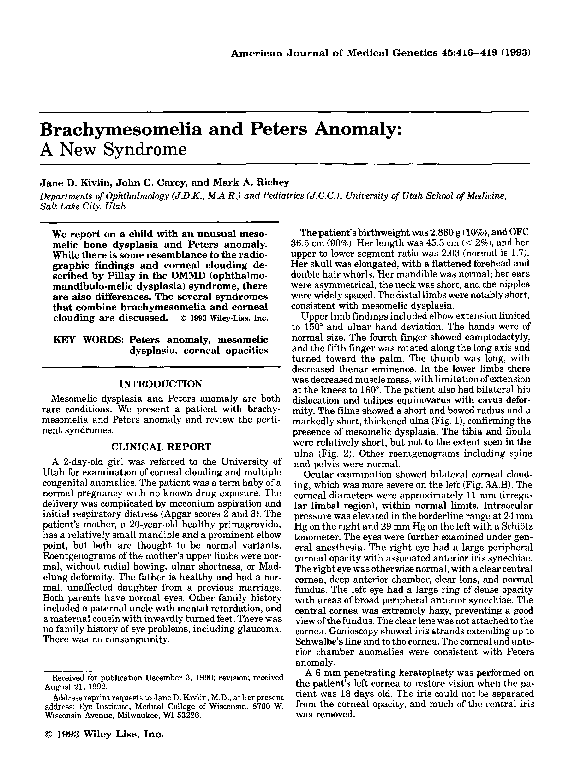 (PDF) Short stature, brachydactyly, and Peters' anomaly (Peters'-plus ...