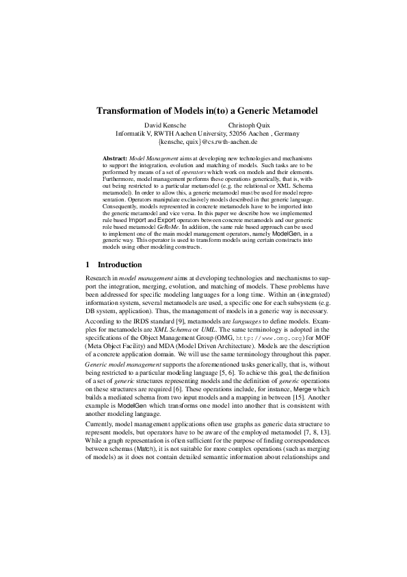 Pdf Transformation Of Models In To A Generic Metamodel David Kensche