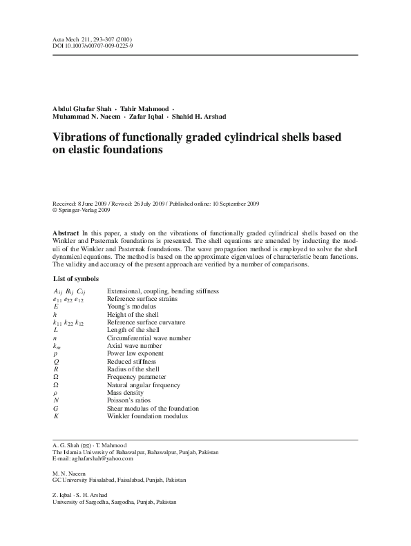 (PDF) Vibrations of functionally graded cylindrical shells based on elastic foundations