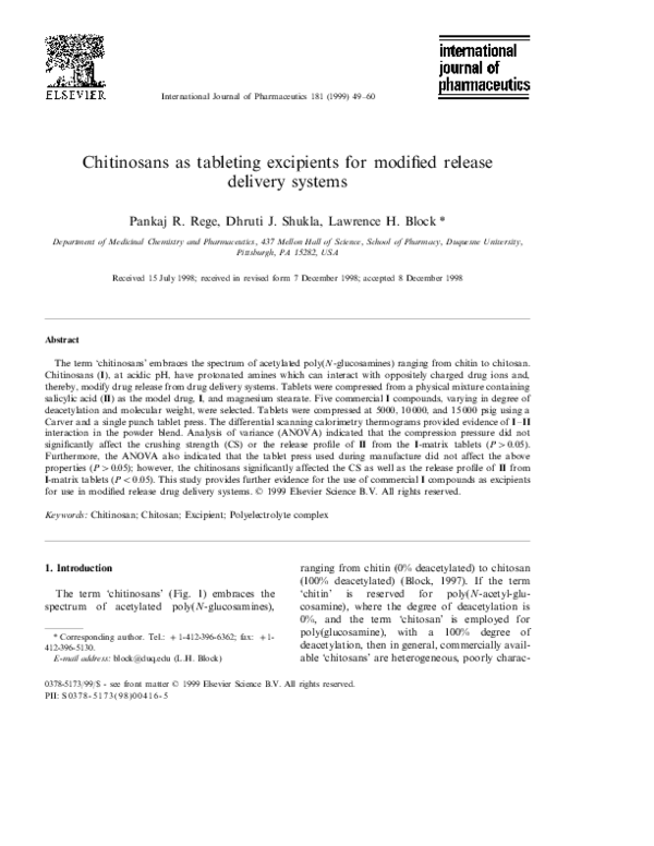 (PDF) Chitinosans as tableting excipients for modified release delivery ... (PDF) Chitinosans as tableting excipients for modified release delivery ...
