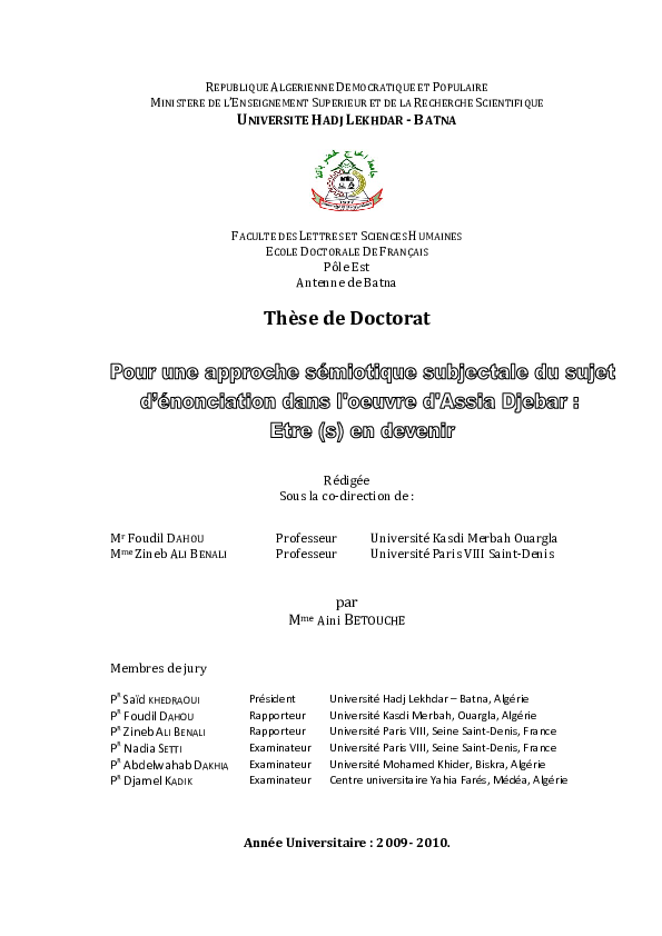(PDF) REPUBLIQUE ALGERIENNE DEMOCRATIQUE ET POPULAIRE MINISTERE DE L'ENSEIGNEMENT SUPERIEUR ET ...