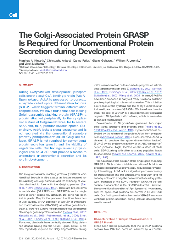 (PDF) The Golgi-Associated Protein GRASP Is Required for Unconventional ...