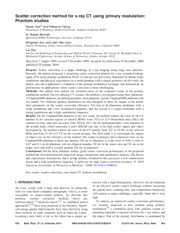 (PDF) Scatter correction method for x-ray CT using primary modulation: Phantom studies