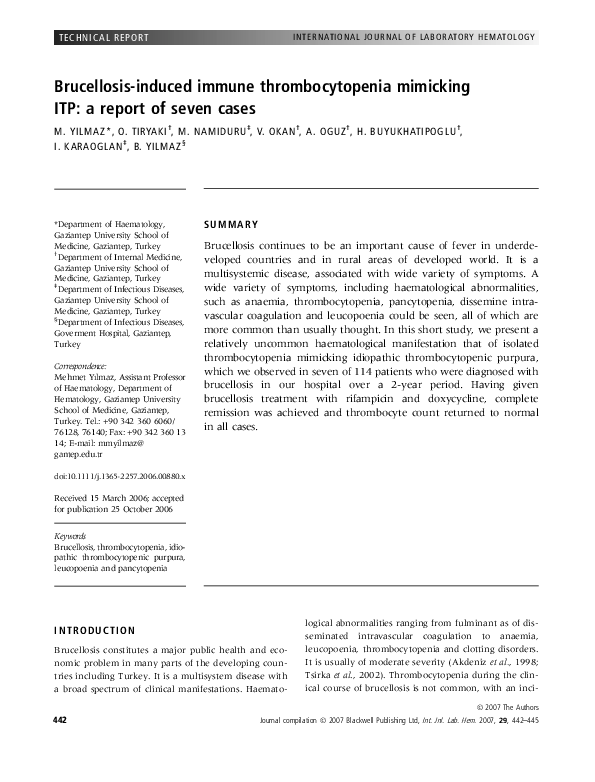 (PDF) Brucellosis-induced immune thrombocytopenia mimicking ITP: a ...