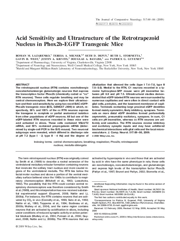 (PDF) Acid sensitivity and ultrastructure of the retrotrapezoid nucleus ...