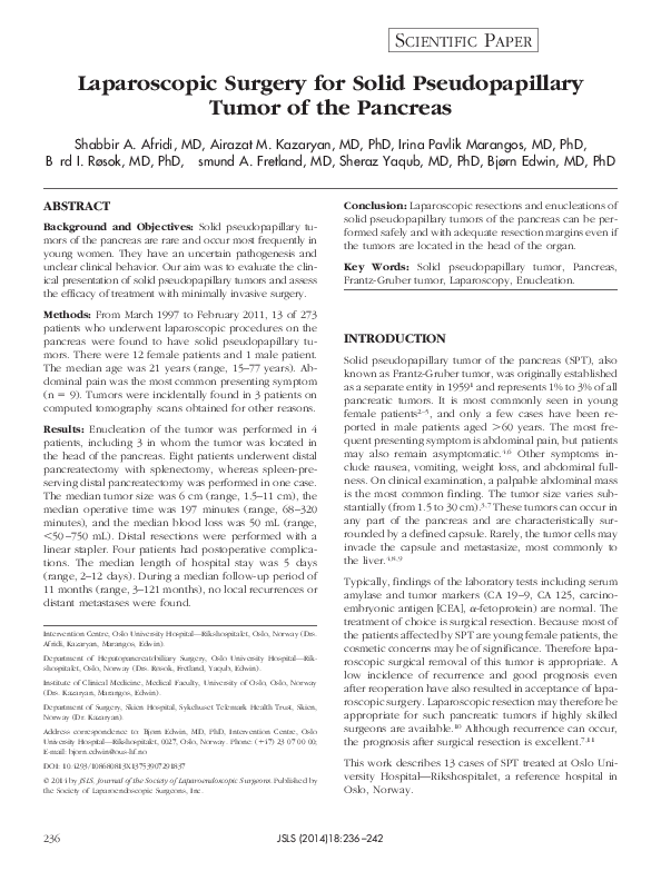 (PDF) Laparoscopic Surgery for Solid Pseudopapillary Tumor of the Pancreas