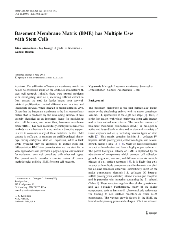 (PDF) Basement Membrane Matrix (BME) has Multiple Uses with Stem Cells