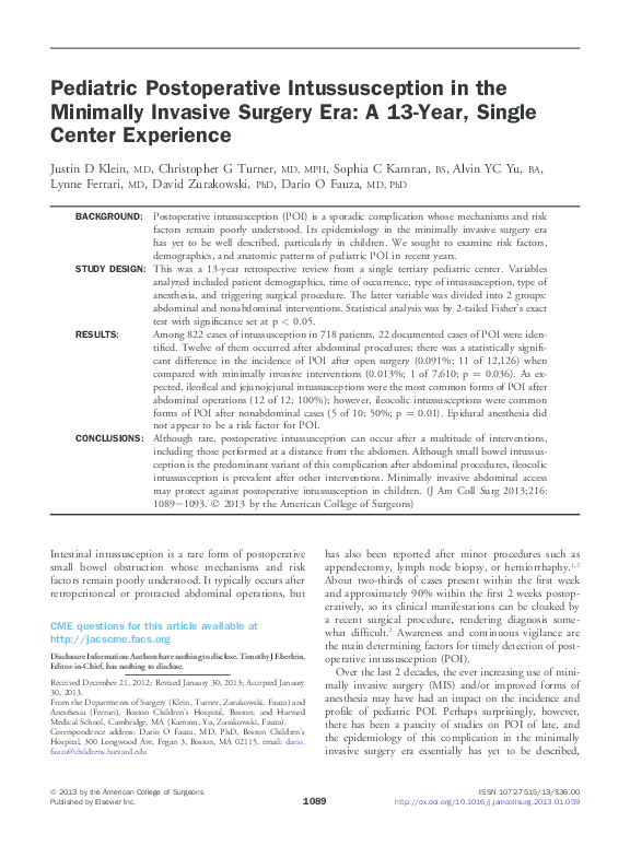 (PDF) Pediatric Post-Operative Intussusception In The Minimally ...