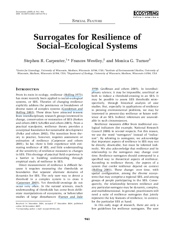 (PDF) Surrogates for Resilience of Social–Ecological Systems