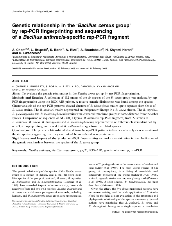 (PDF) Genetic relationship in the Bacillus cereus group by rep-PCR ...
