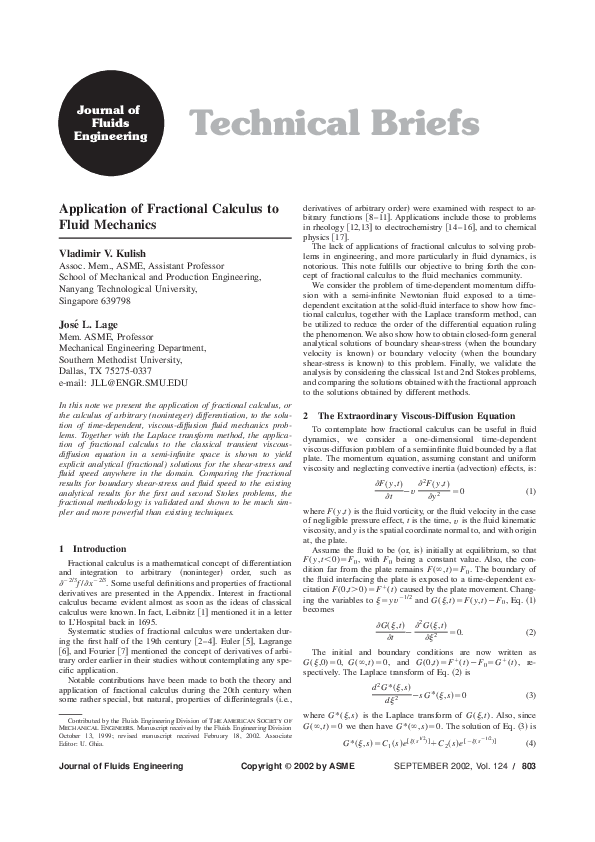 (PDF) Application of Fractional Calculus to Fluid Mechanics