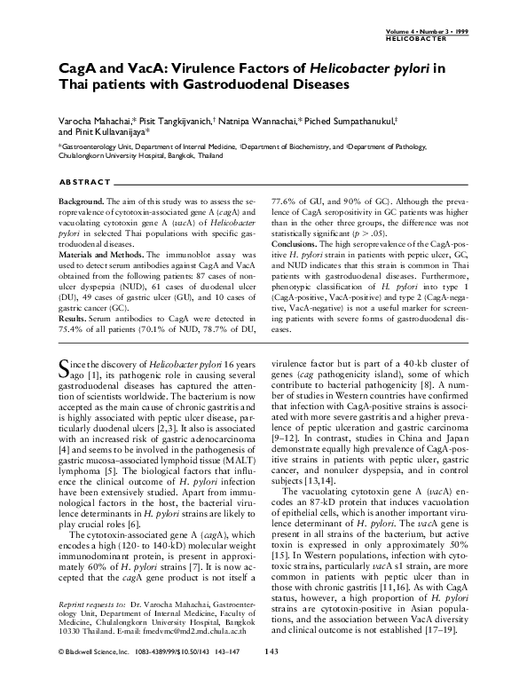 (PDF) CagA and VacA: Virulence Factors of Helicobacter pylori in Thai patients with ...