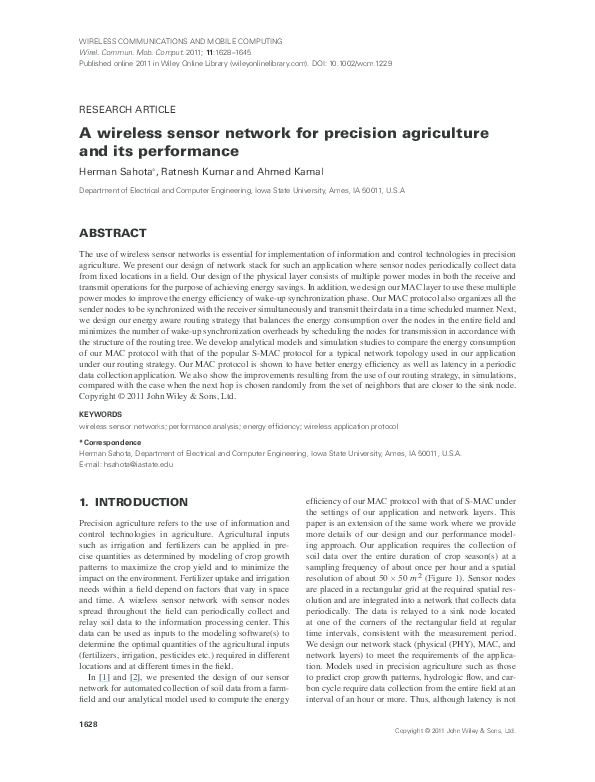 Pdf Wireless Sensor Network For Precision Agriculture