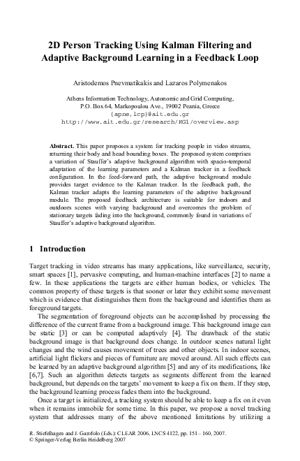 (PDF) 2D Person Tracking Using Kalman Filtering and Adaptive Background ...