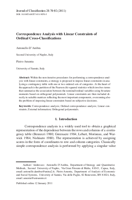 Pdf Correspondence Analysis With Linear Constraints Of Ordinal Cross Classifications