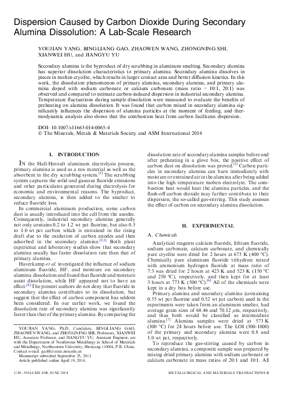 (PDF) Dispersion Caused by Carbon Dioxide During Secondary Alumina ...