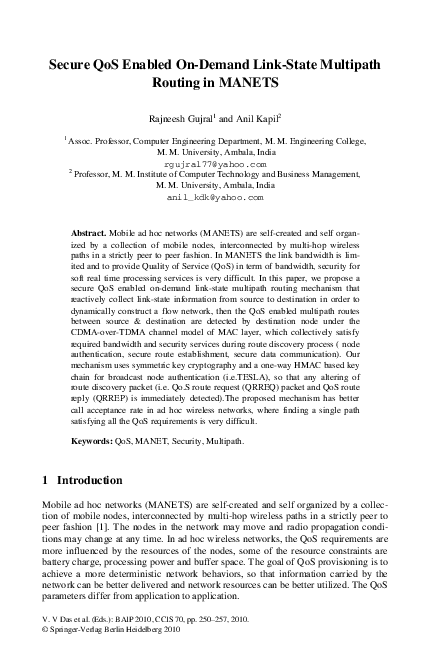 (PDF) Secure QoS Enabled On-Demand Link-State Multipath Routing in MANETS