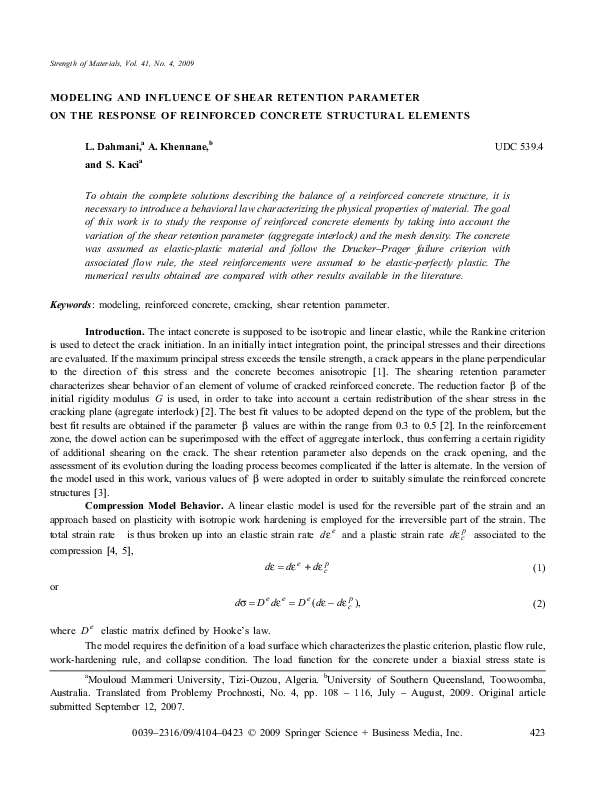 (PDF) Modeling and influence of shear retention parameter on the ...