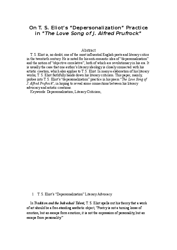 (DOC) On T. S. Eliot’s “Depersonalization” Practice in “The Love Song ...