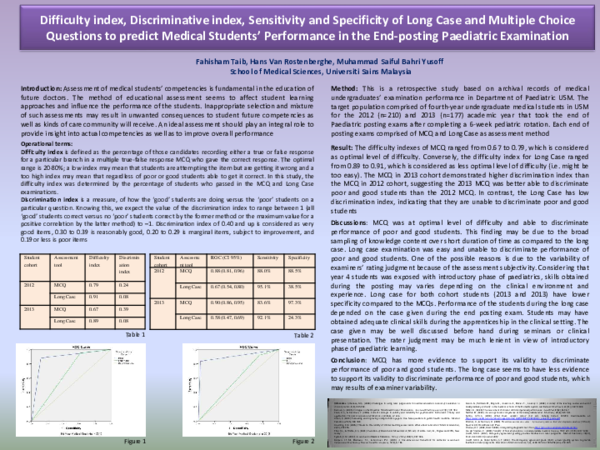 (PDF) Difficulty index, discriminative index, sensitivity and specificity of long case and ...