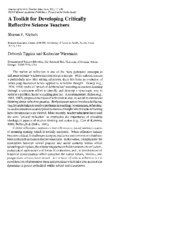 (PDF) A “Toolkit” for developing critically reflective science teachers