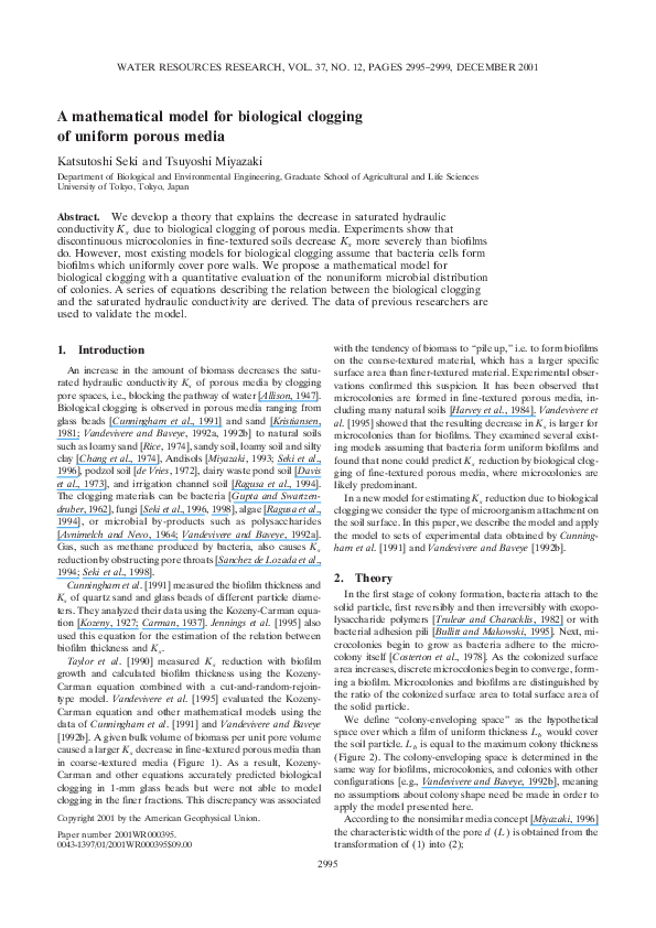 (PDF) A mathematical model for biological clogging of uniform porous media