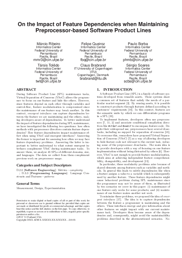 (PDF) On the impact of feature dependencies when maintaining preprocessor-based software product ...