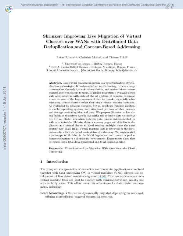 (PDF) Shrinker: Improving Live Migration of Virtual Clusters over WANs with Distributed Data ...