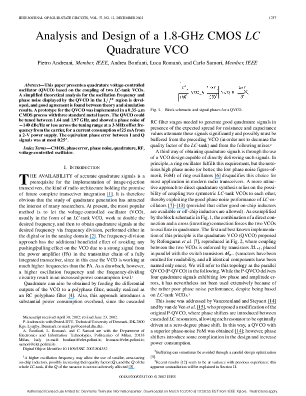 (PDF) Analysis and design of a 1.8GHz CMOS LC quadrature VCO