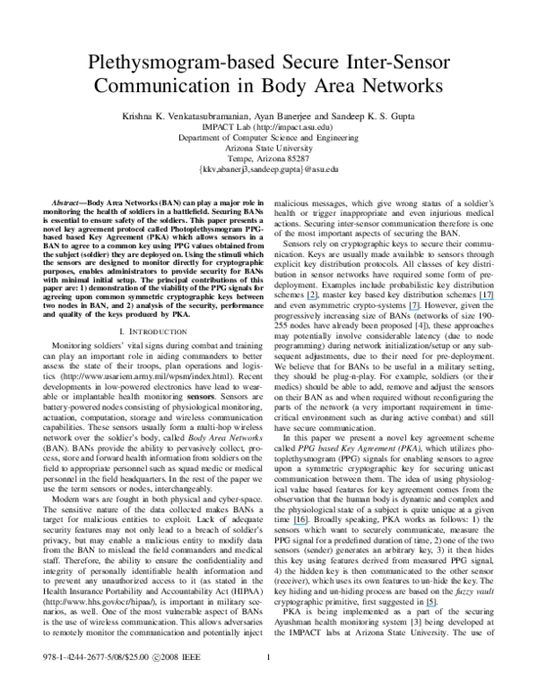 (PDF) Plethysmogram-based secure inter-sensor communication in Body Area Networks