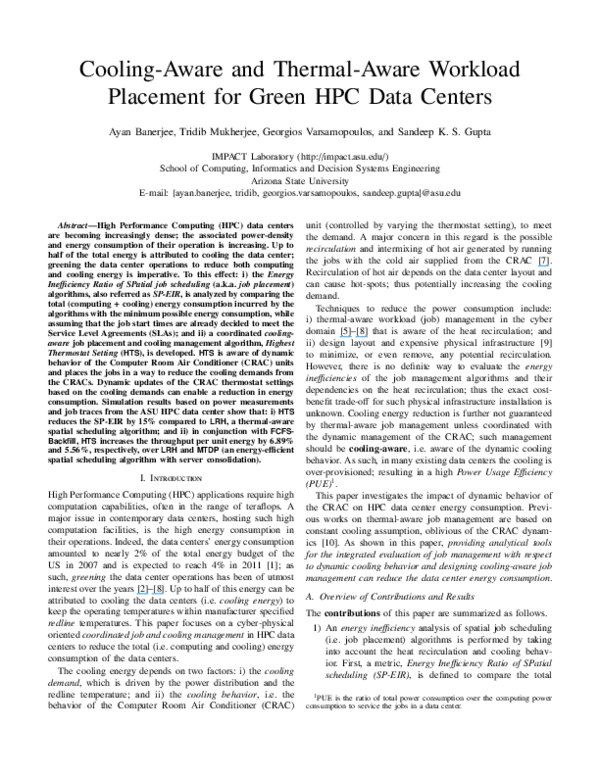 Pdf Cooling Aware And Thermal Aware Workload Placement For Green Hpc Data Centers