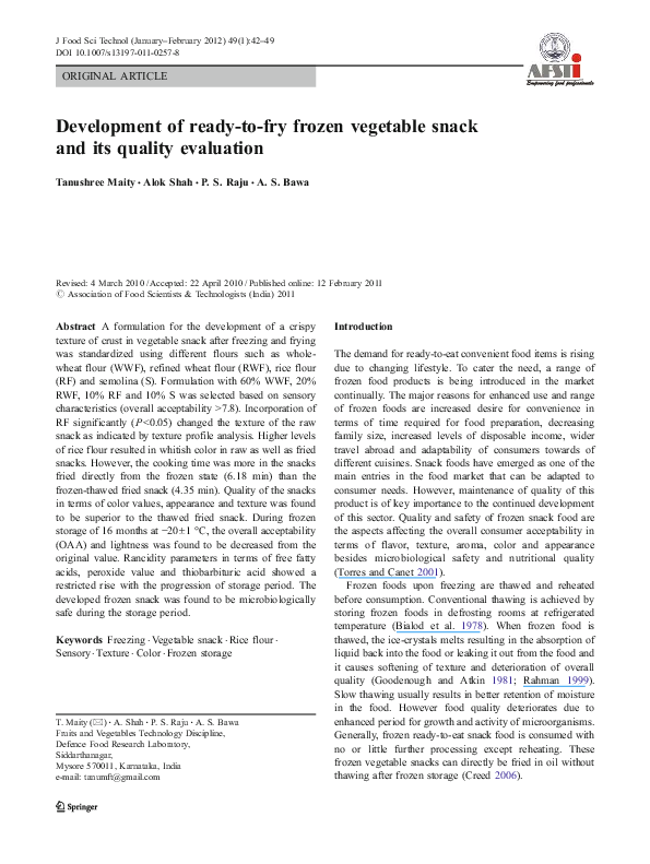 (PDF) Development of ready-to-fry frozen vegetable snack and its ...