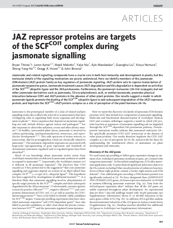 (PDF) JAZ repressor proteins are targets of the SCFCOI1 complex during ...
