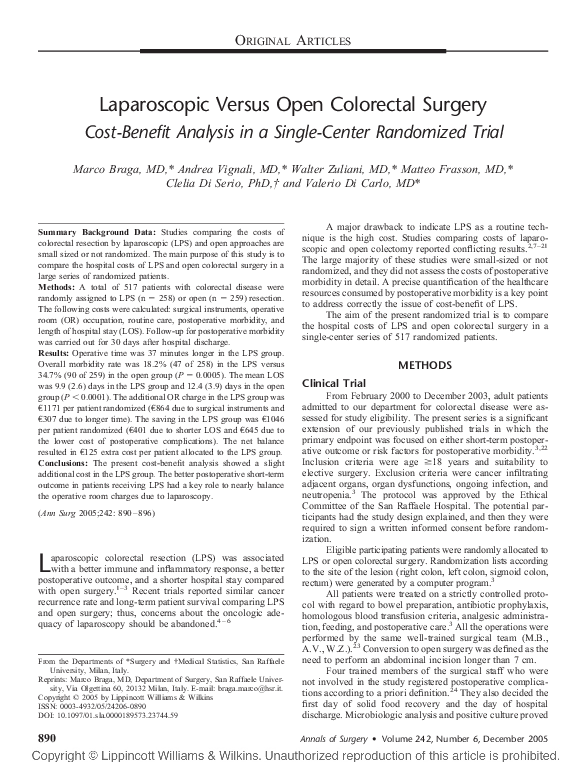 (PDF) Laparoscopic Versus Open Colorectal Surgery: Cost-Benefit Analysis in a Single-Center ...