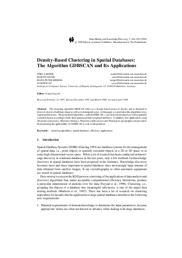 (PDF) Density-Based Clustering in Spatial Databases: The Algorithm GDBSCAN and Its Applications ...