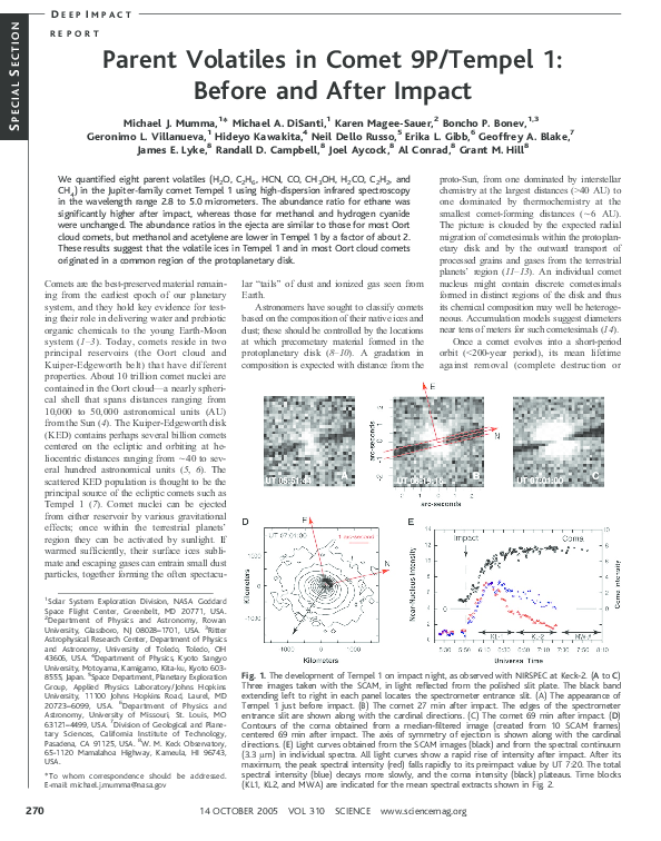 (PDF) Parent Volatiles in Comet 9P/Tempel 1: Before and After Impact