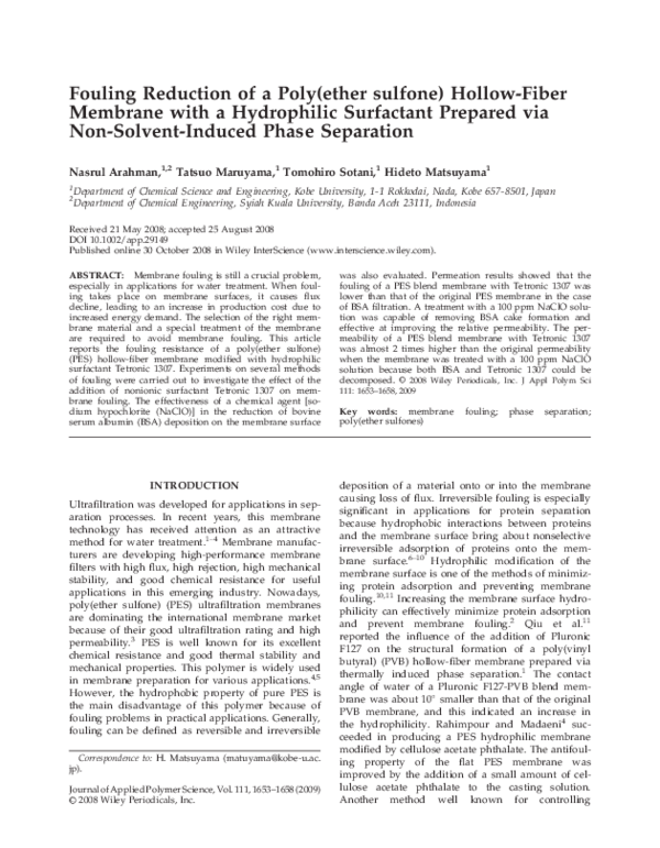(PDF) Fouling reduction of a poly(ether sulfone) hollow-fiber membrane ...