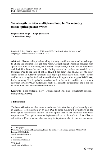 Pdf Wavelength Division Multiplexed Loop Buffer Memory Based Optical Packet Switch