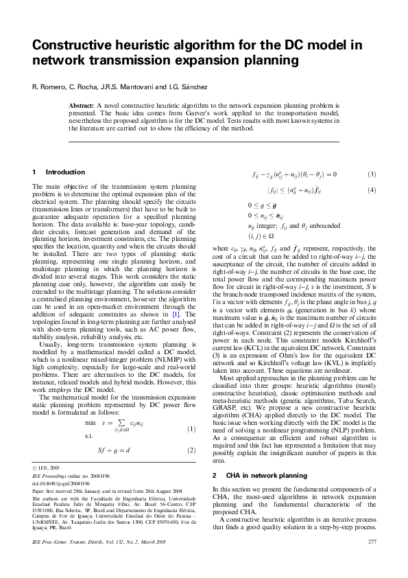 Pdf Constructive Heuristic Algorithm For The Dc Model In Network Transmission Expansion Planning