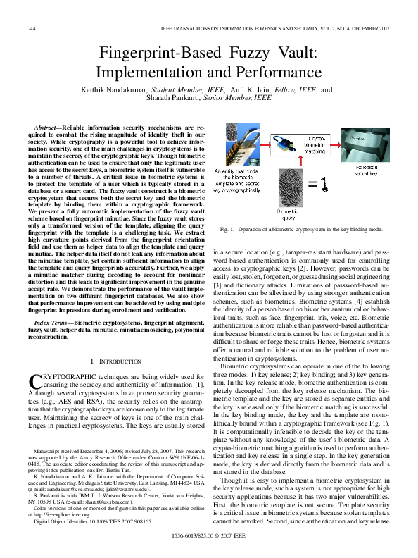 (PDF) Fingerprint-based fuzzy vault: Implementation and performance
