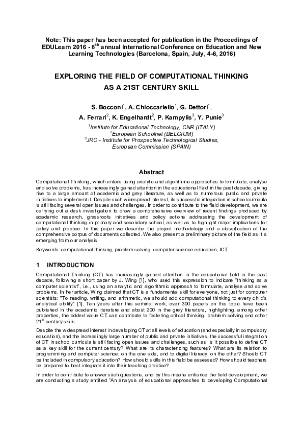 Pdf Exploring The Field Of Computational Thinking As A 21st Century Skill